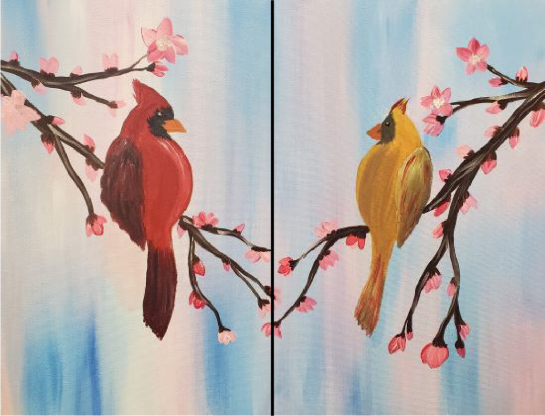 Spring Cardinals In Love (Couple Paintings) - Paint And Sip